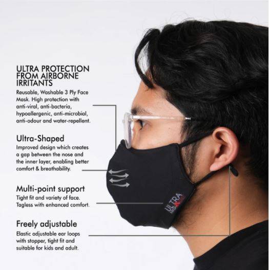 MASKARAID ULTRA PREMIUM 3 PLY REUSABLE FABRIC MASK JET BLACK [ADULTS]
