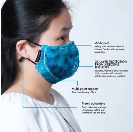 MASKARAID STRUCTURED 3 PLY REUSABLE FABRIC MASK BLUE WATER [ADULTS]