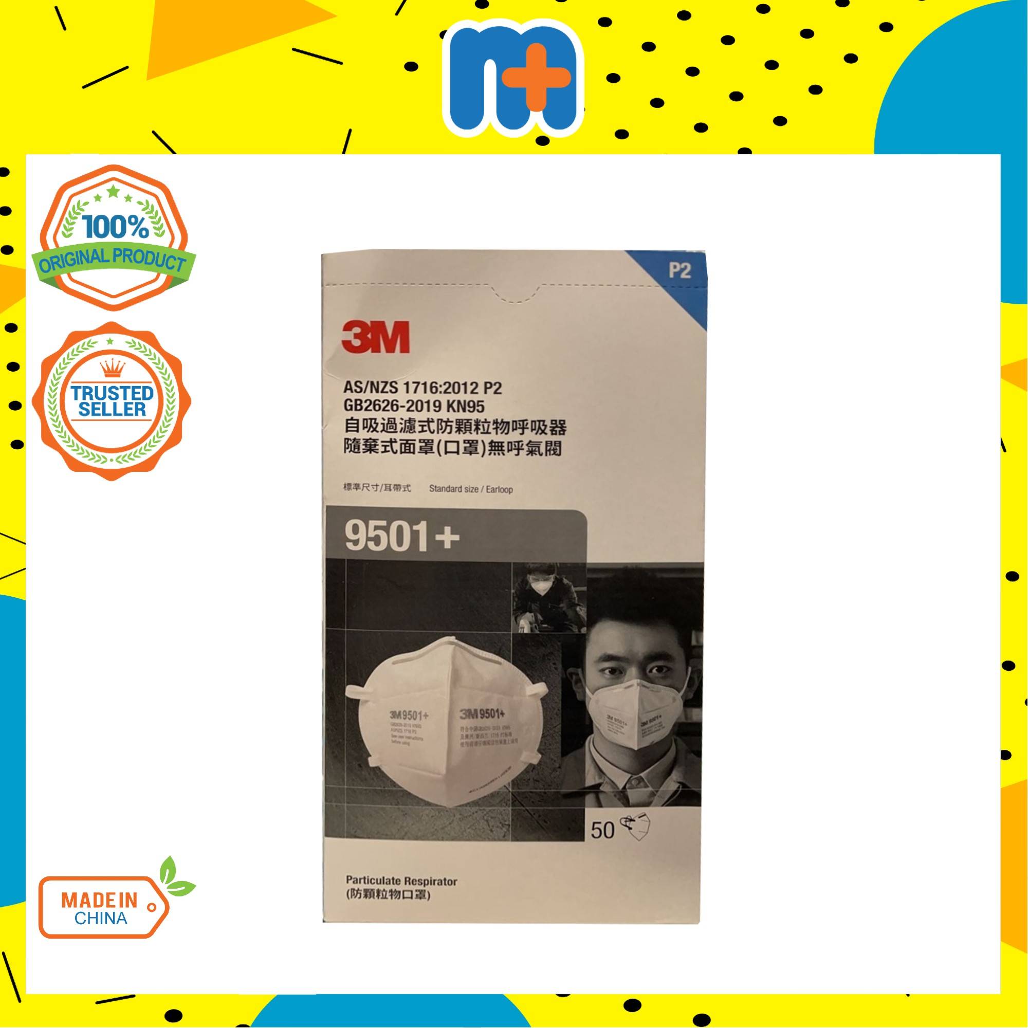 3M 9501+ KN95 DISPOSABLE RESPIRATOR MASK 50'S