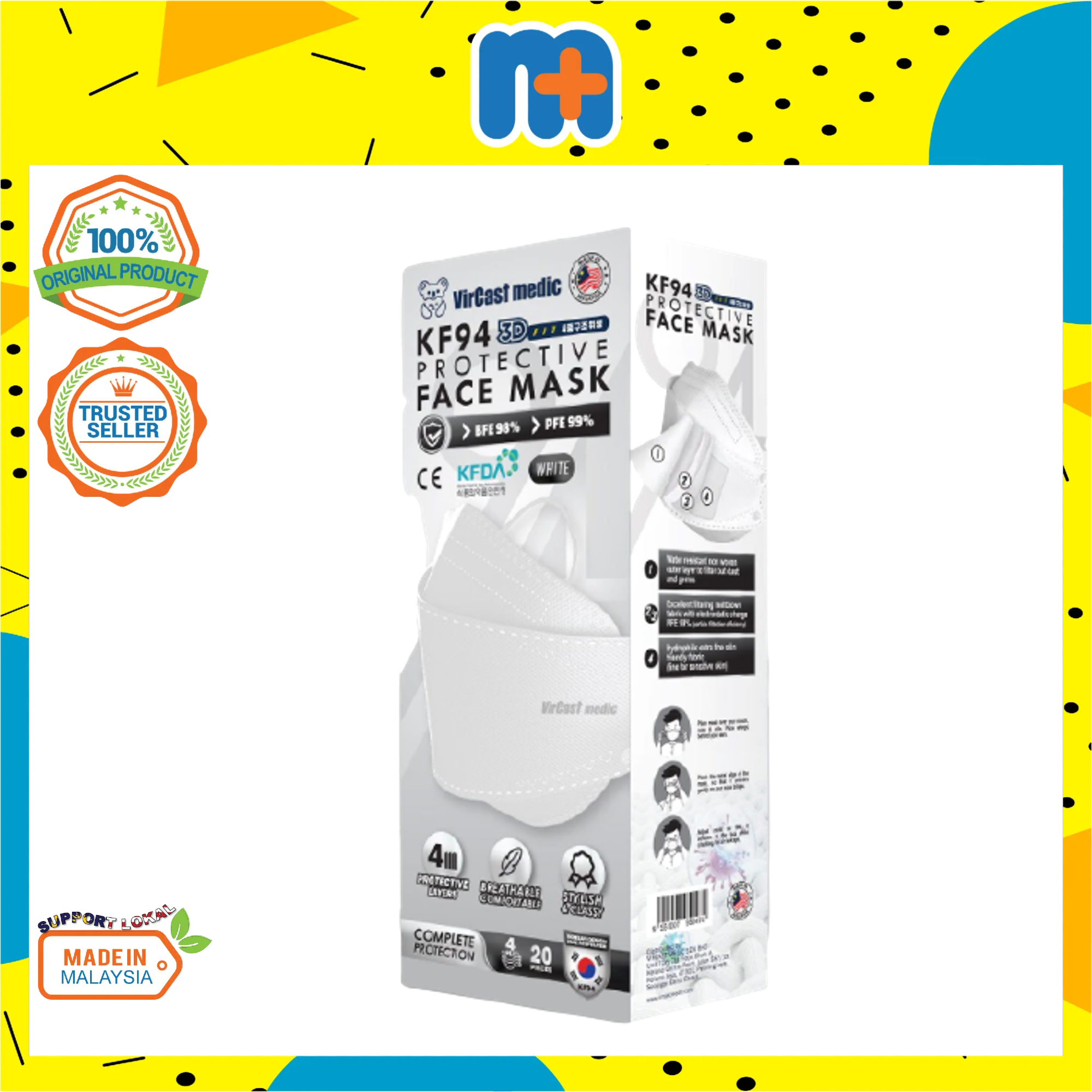 VIRCAST MEDIC KF94 4-PLY PROTECTIVE FACE MASK (EARLOOP) WHITE 20S